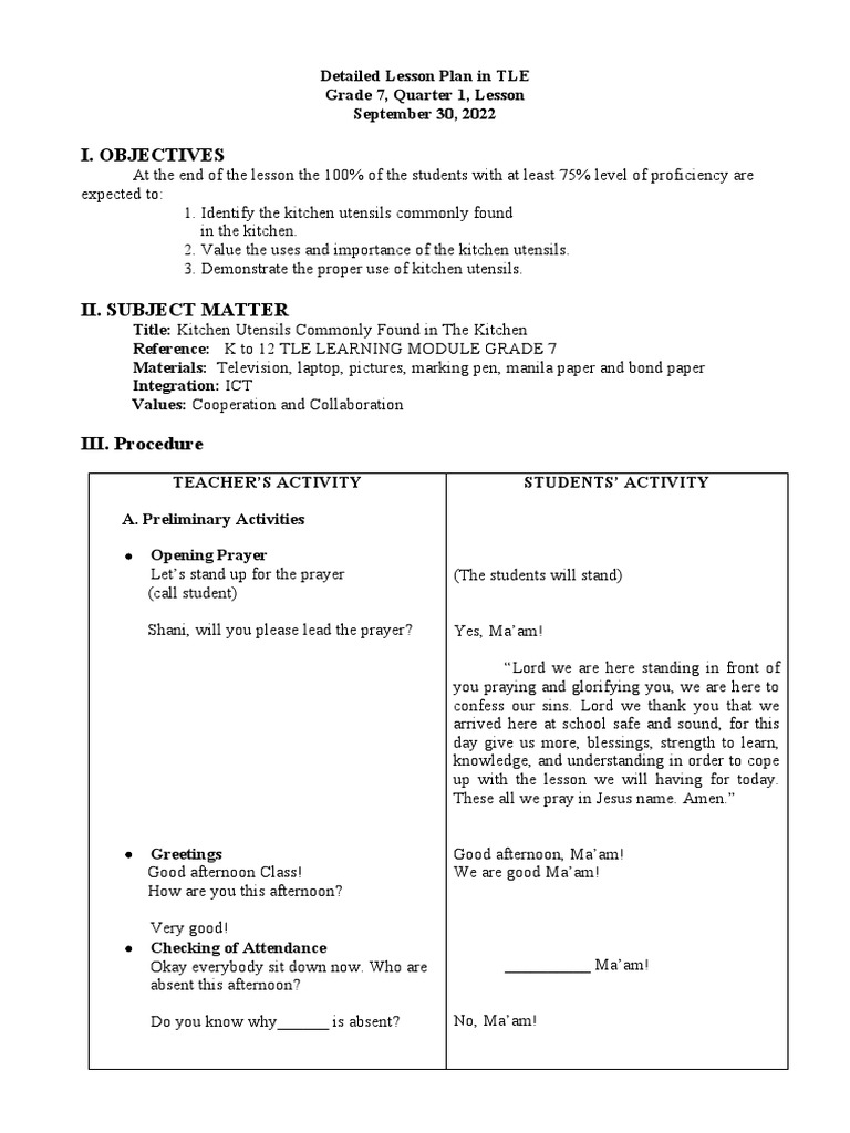 Detailed Lesson Plan in Tle Grade 8 | PDF | Kitchen Utensil | Kitchen