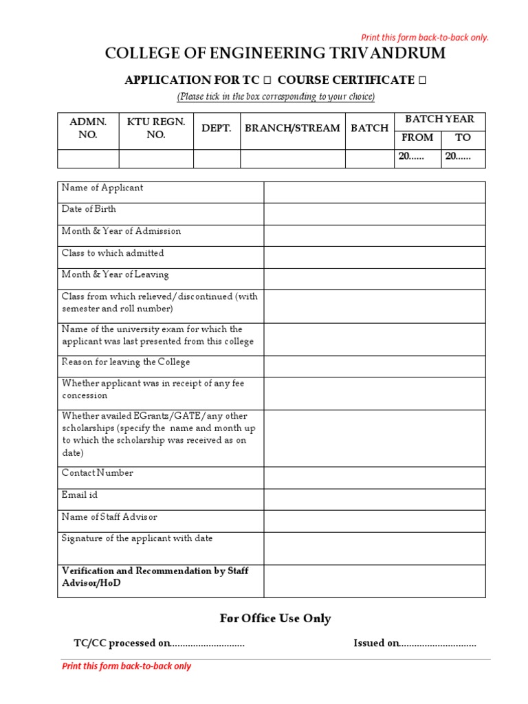 Format of Application For TC and Course Certificate-New | PDF ...