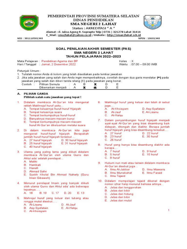 Blangko Soal Pas 2022-2023 | PDF