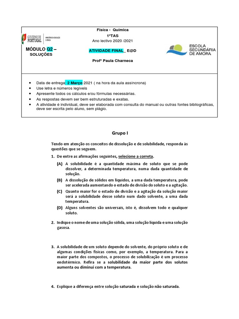 Q2 - Atividade Formativa Final | PDF | Solubilidade | Química Física