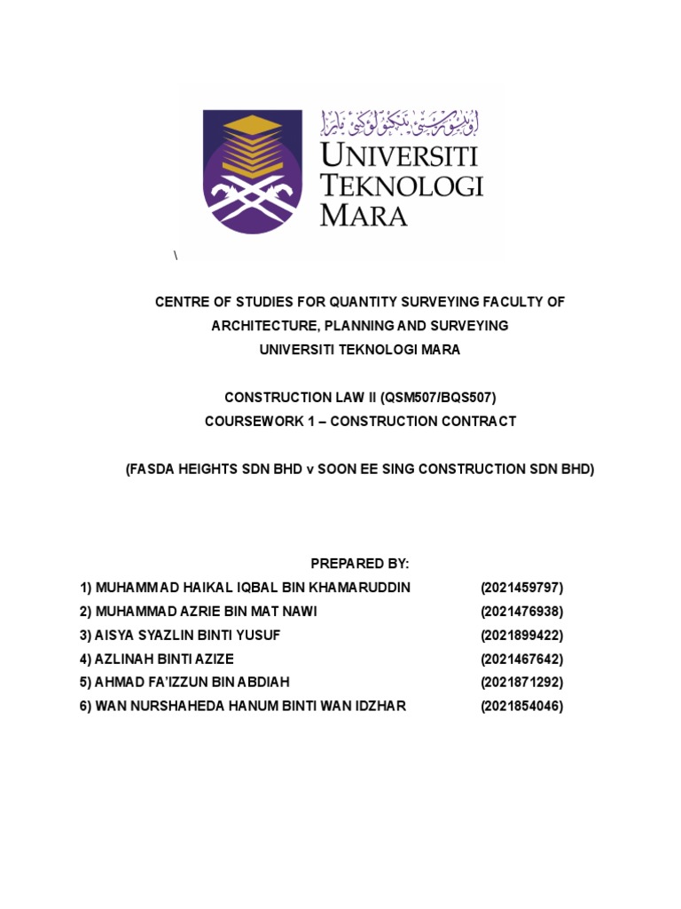 BQS 507 - Fasda Height SDN BHD V Soon Ee Sing Construction Sdn. Bhd. (Assignment 1) | PDF