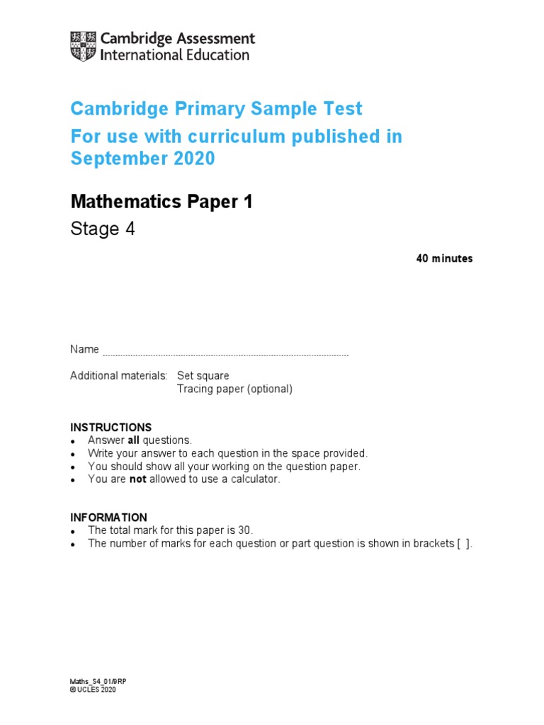 Mathematics Stage 4 Sample Qn Paper 1 2020 Pdf Geometry Mathematics