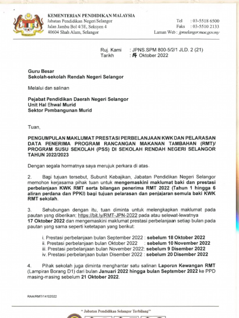 Surat Rasmi Pengumpulan Maklumat Prestasi KWK Dan Pelarasan Data | PDF