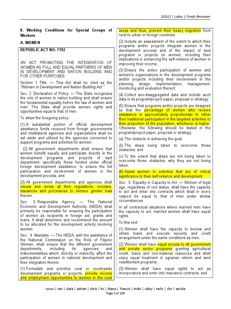 8. Working Conditions for Special Groups of Workers A. Women Republic ...