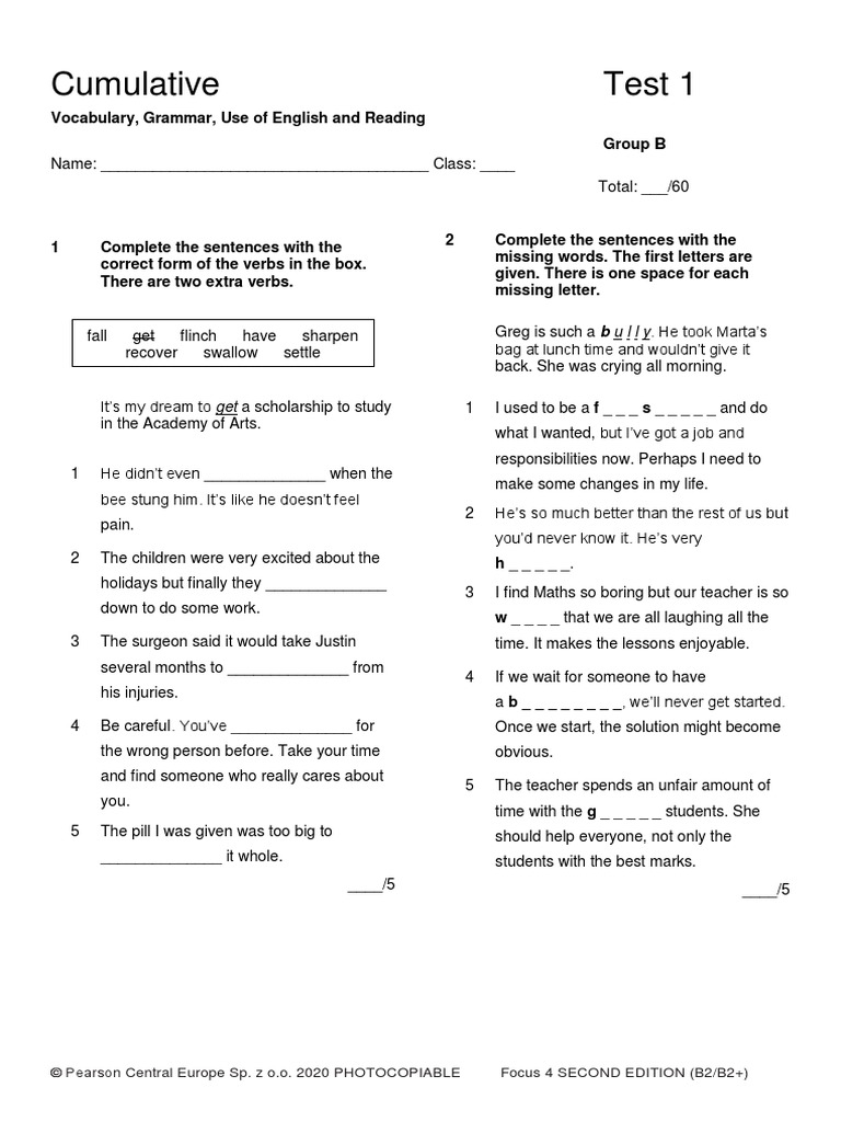 Focus4 2E Cumulative Test 1 Units1-2 GroupB | PDF | Extraversion And ...