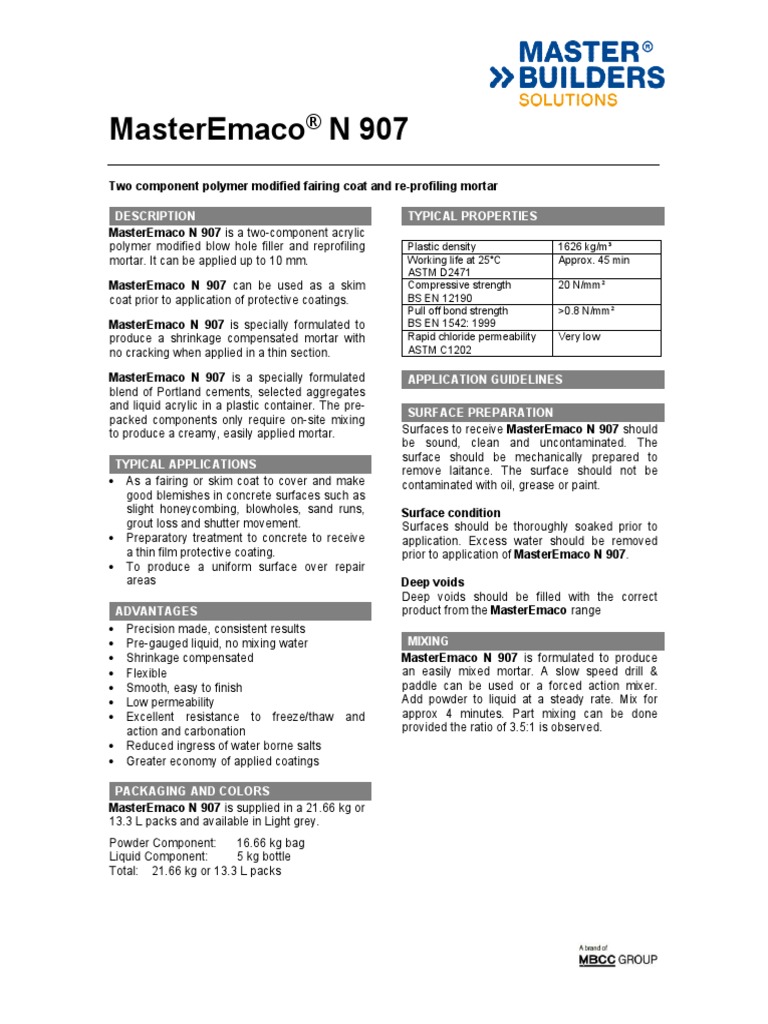 02.masteremaco N 907 Tds | PDF | Concrete | Mortar (Masonry)