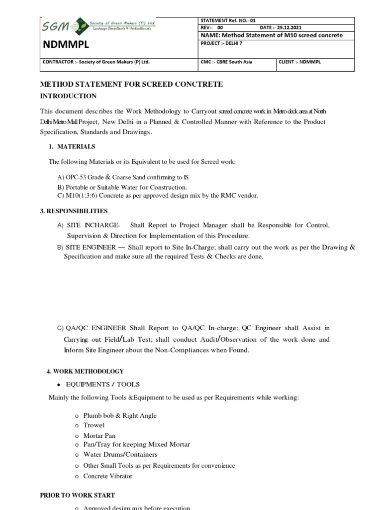 Methodology For Screed Work (SGM) | PDF | Concrete | Economic Sectors