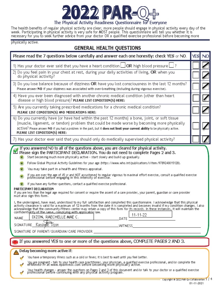 ParQ Plus Jan 2022 Fillable | PDF | Asthma | Diabetes