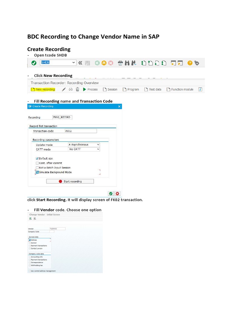 BDC Recording To Change Vendor Name in SAP | PDF