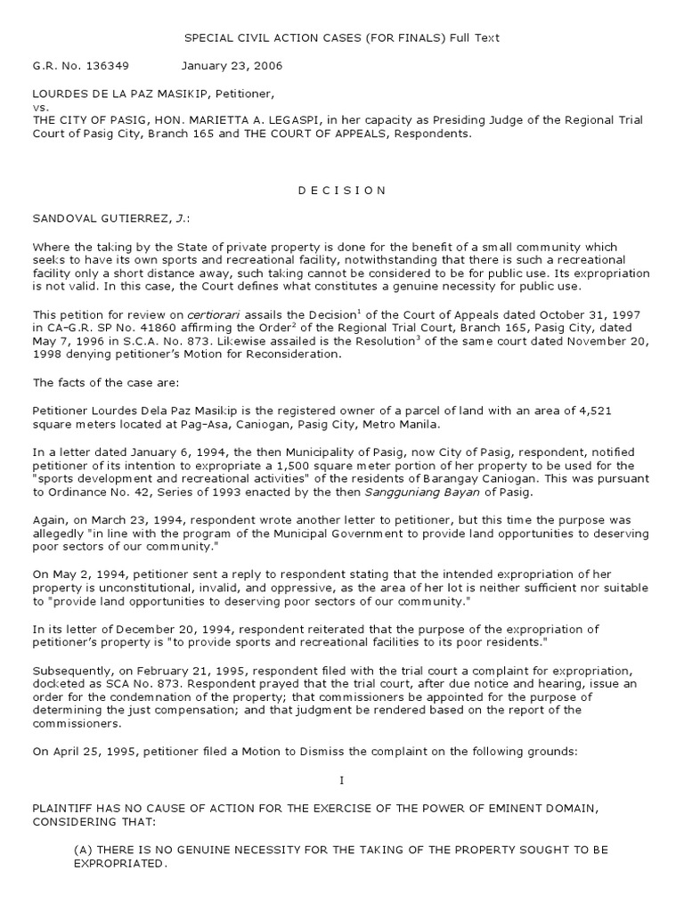 Expropriation Case: Masikip vs. Pasig City | PDF | Eminent Domain ...