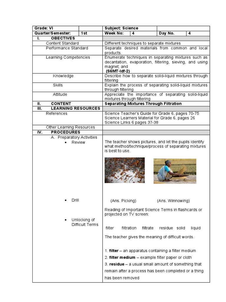 DLP Science 6 - q1 WK 4 Day 4 | Download Free PDF | Filtration | Mixture