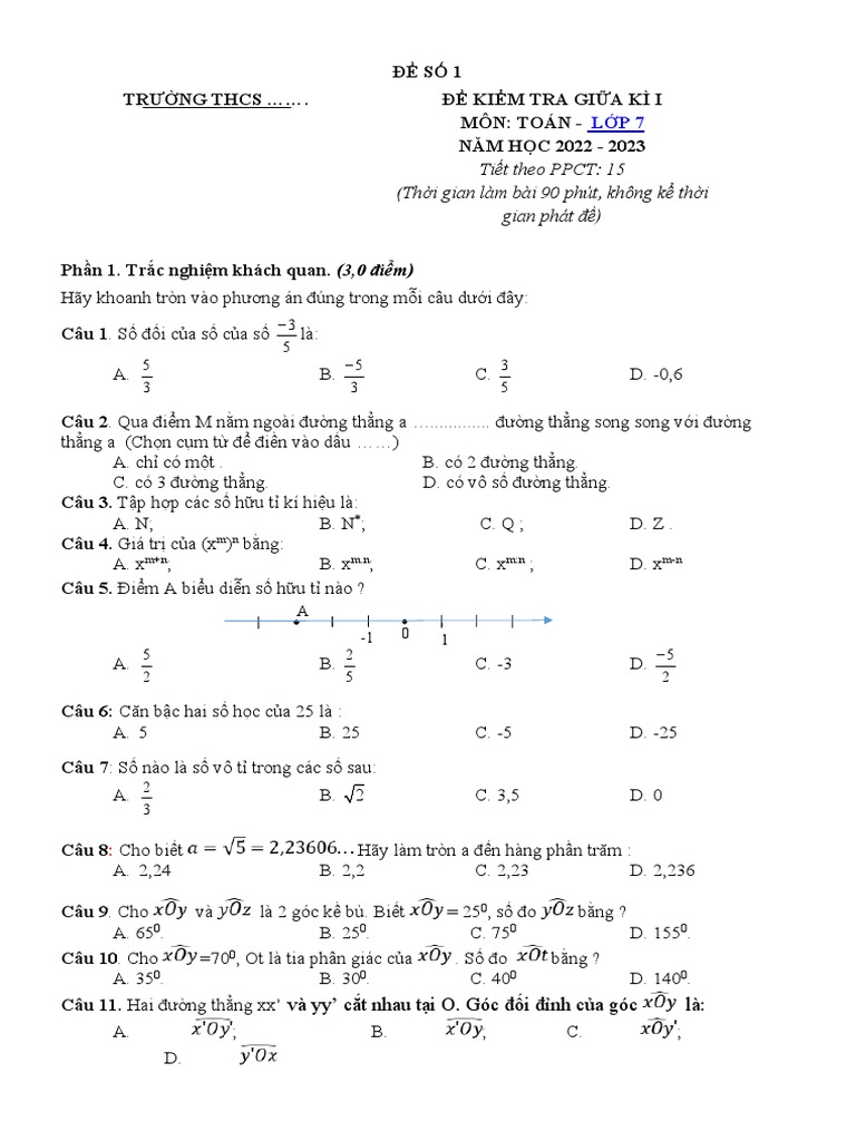 Bo de Thi Giua Hoc Ki 1 Mon Toan Lop 7 Sach Moi | PDF