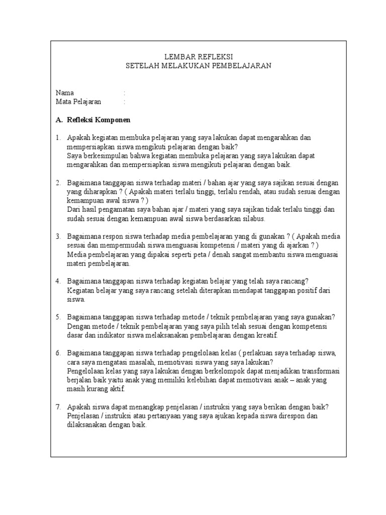 Refleksi Pembelajaran Siswa dan Guru | PDF
