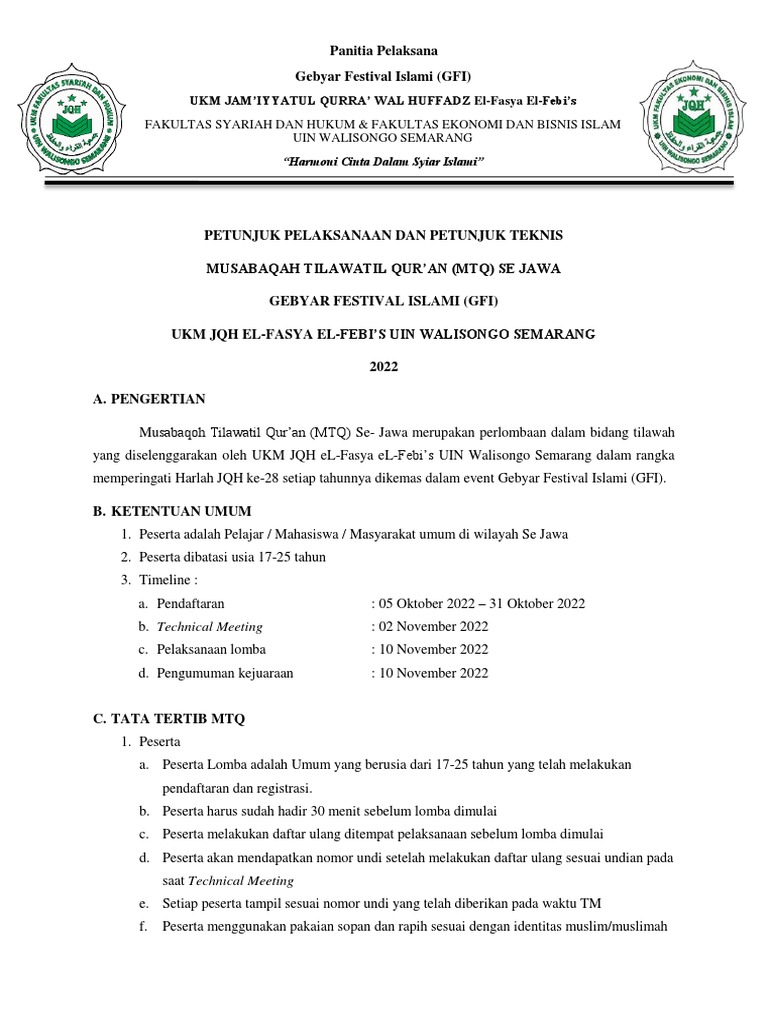 Juklak Juknis MTQ Se - Jawa JQH 2022 | PDF