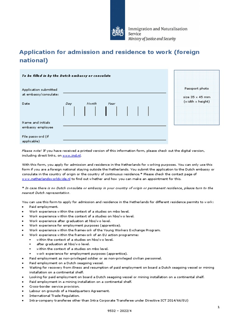 Application For Admission and Residence To Work (Foreign National) | PDF