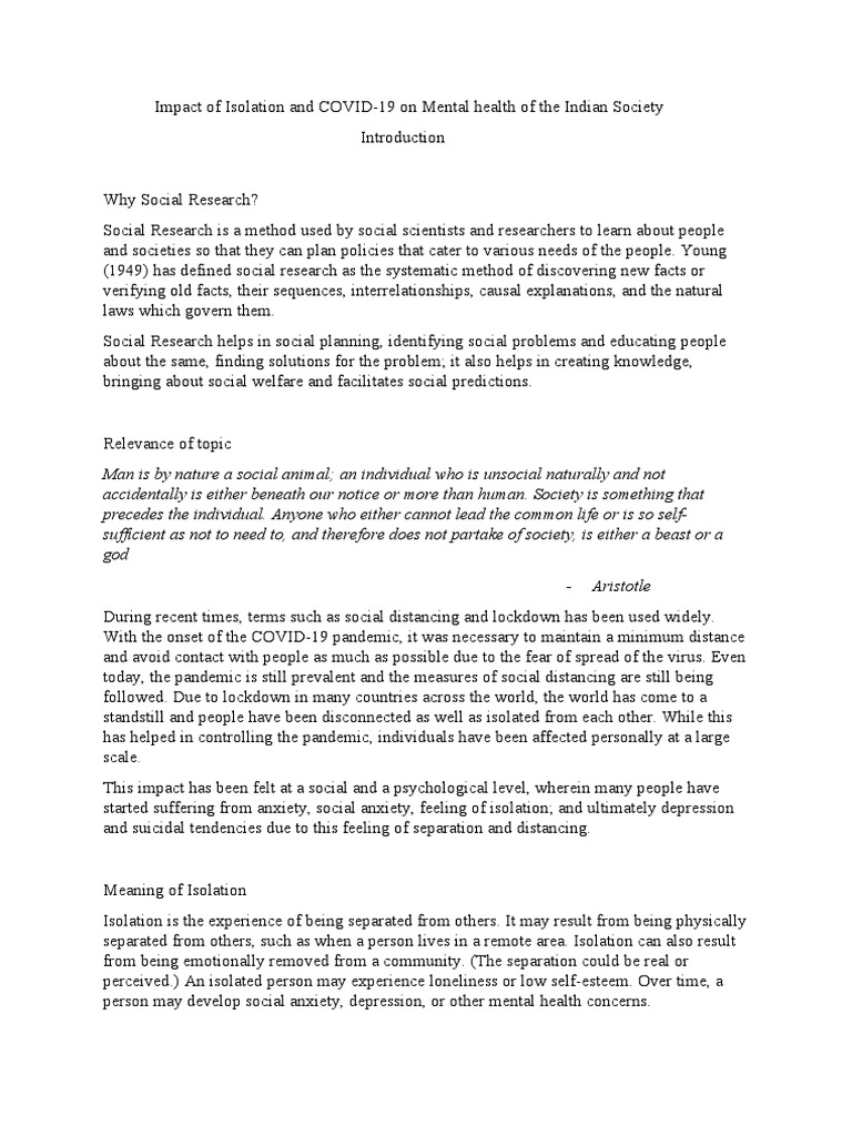 Impact of Isolation and Covid-19 On Mental Health of The Indian Society ...