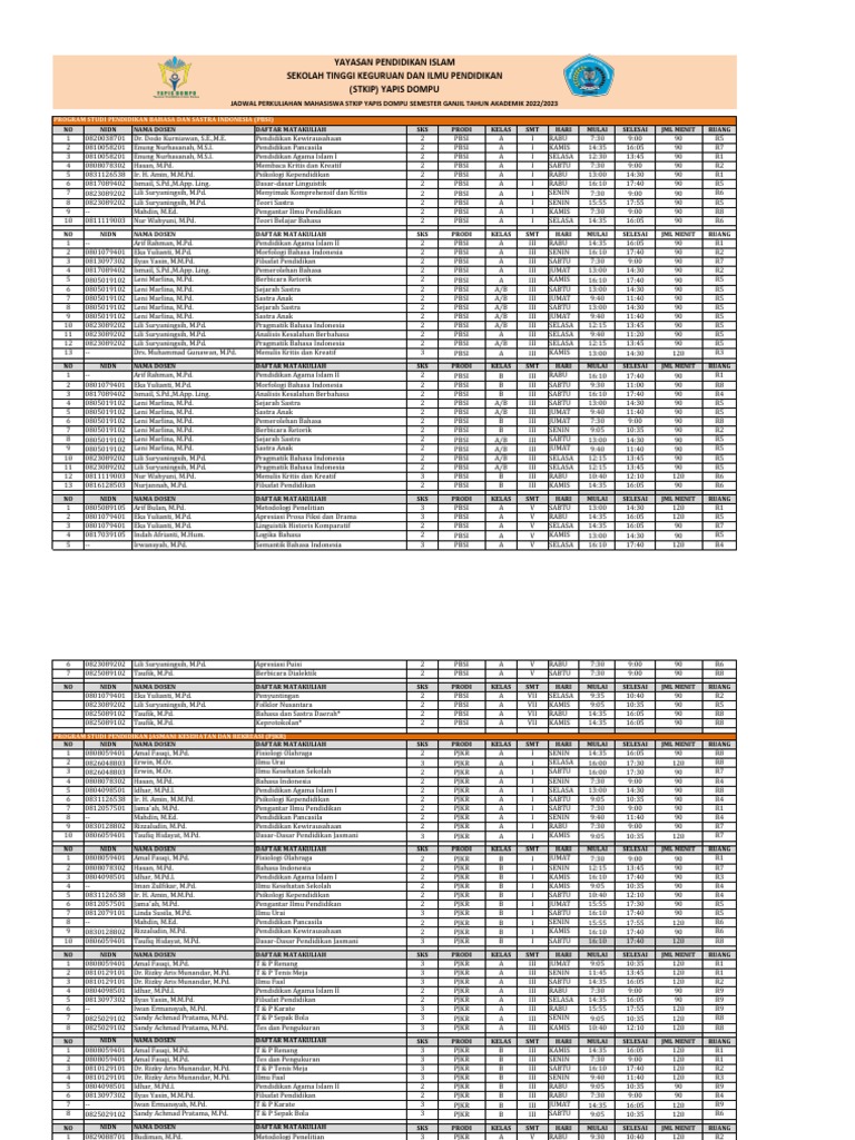 Jadwal Kuliah SMTR Ganjil Ta. 2022-2023 | PDF