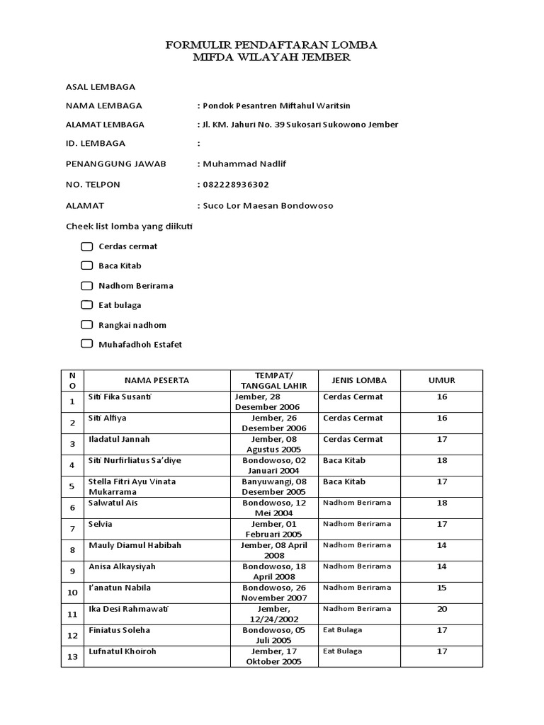 Formulir Pendaftaran Lomba | PDF Formulir Pendaftaran Lomba | PDF