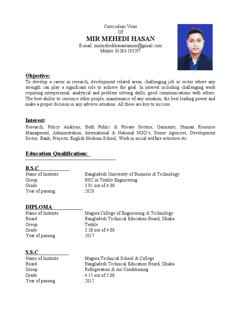 Mehedi Hasan Curriculum Vitae With Photo | PDF | Bangladesh