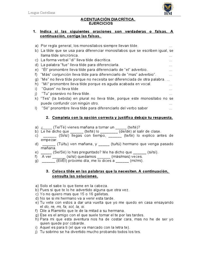 Ejercicios de Acentuación Diacrítica | PDF | Adverbio | Verbo