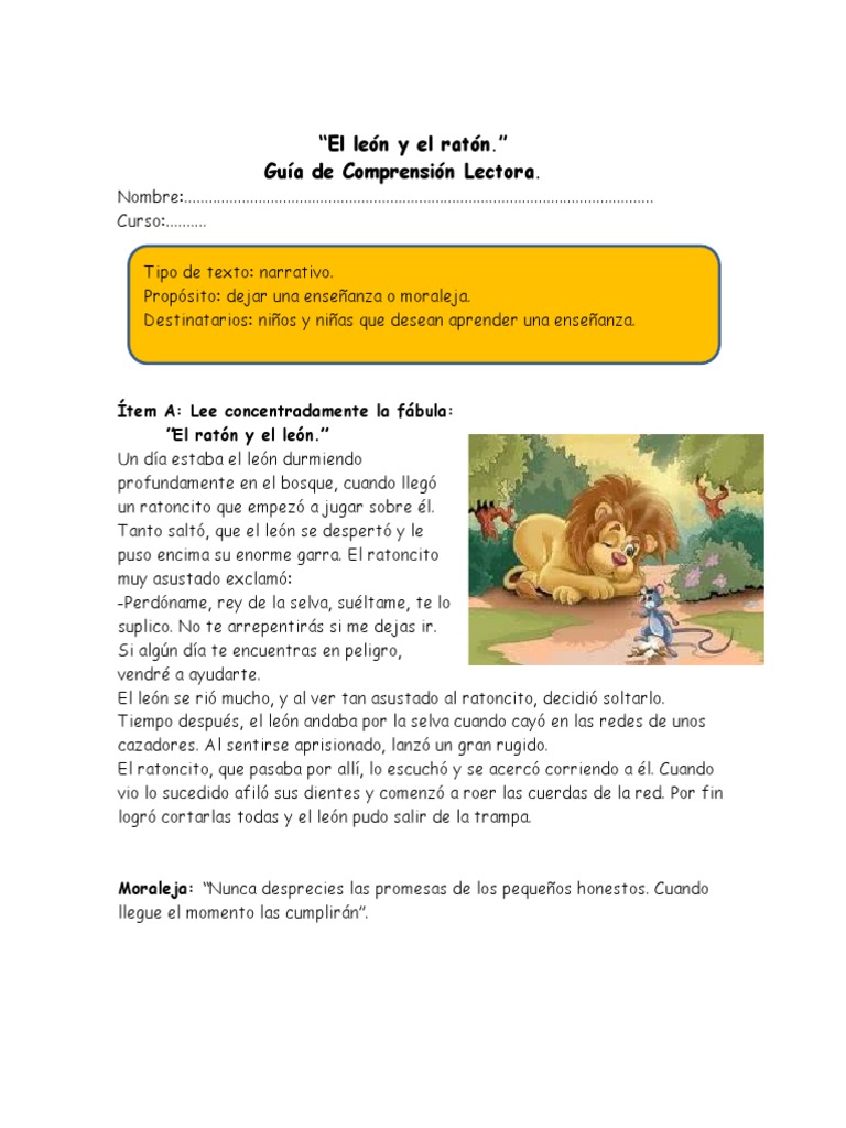 Guía de Comprensión: El León y el Ratón | PDF