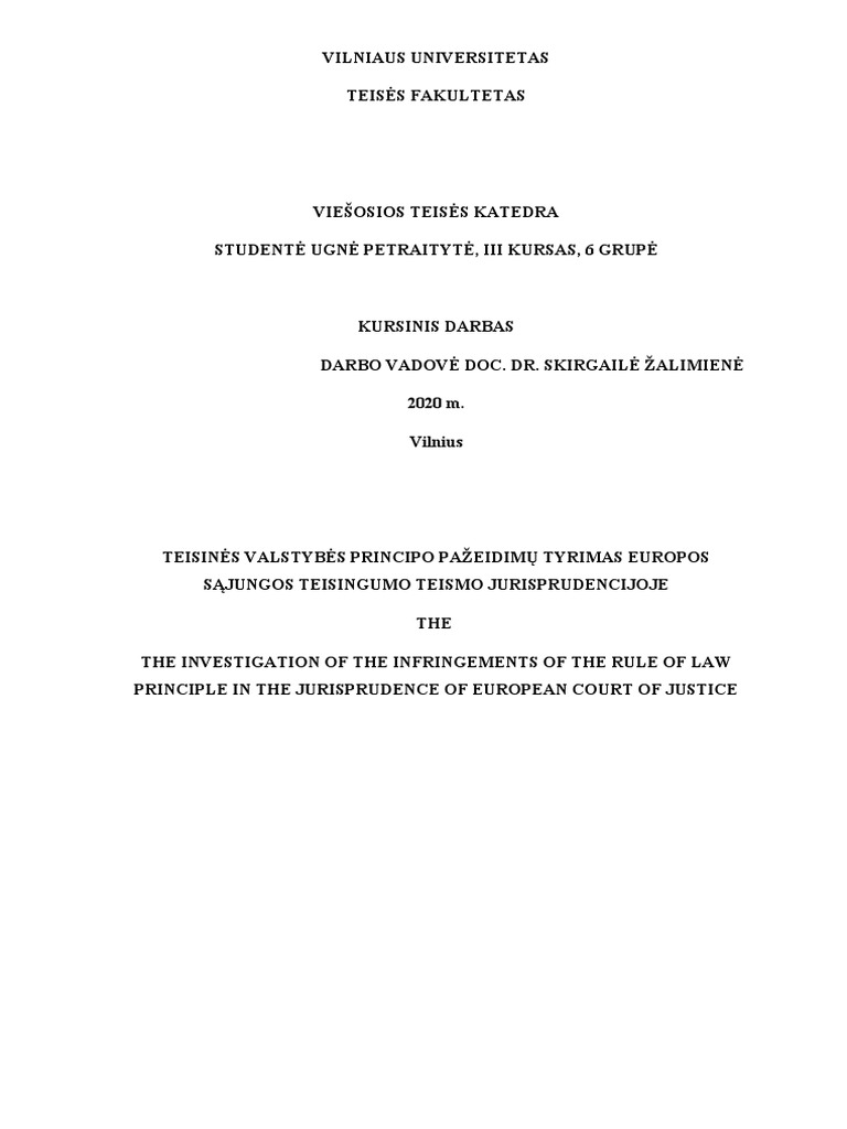 Teisinės Valstybės Principo Pažeidimų Tyrimas Europos Sąjungos ...