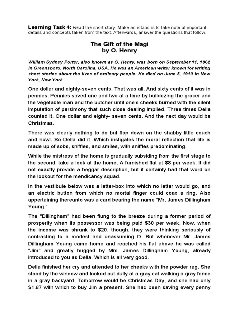 Learning Task 4 The Gift of The Magi Text | PDF | O. Henry