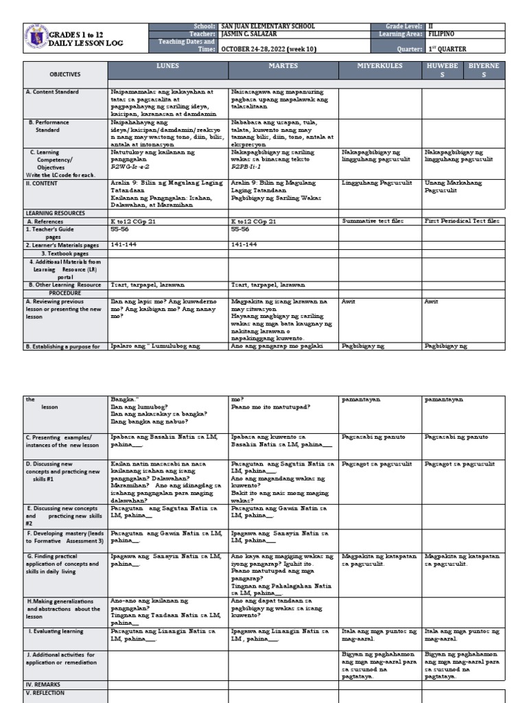 DLL Filipino-2 Q1 W10 | PDF