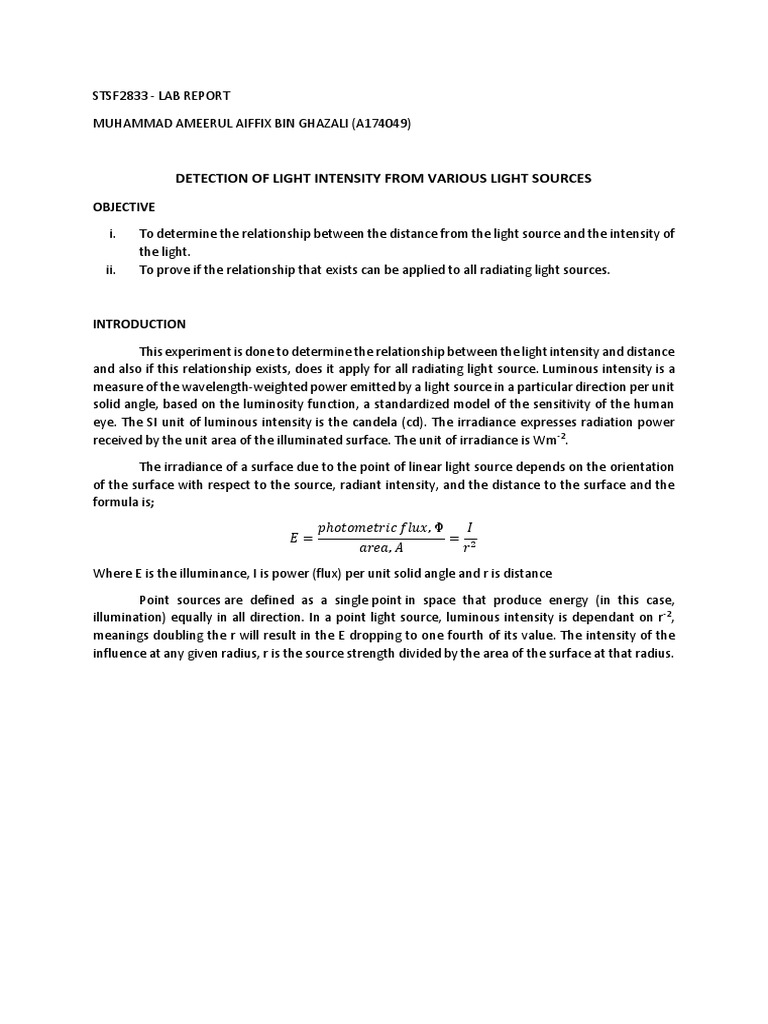 Light Intensity vs. Distance Lab Report | PDF | Intensity (Physics ...