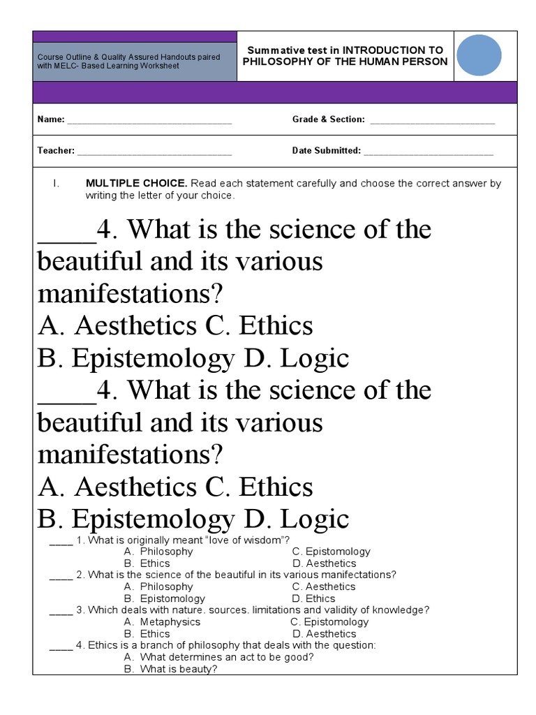 Summative Test in INTRODUCTION TO PHILOSOPHY OF THE HUMAN PERSON 2 | PDF