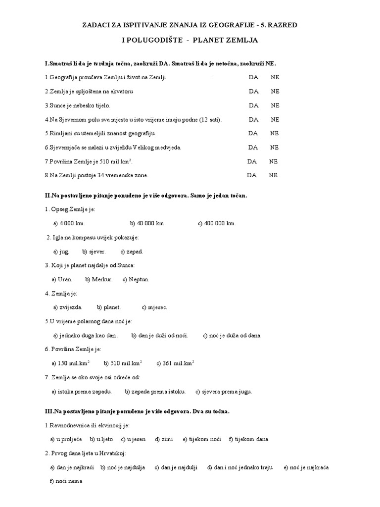 Zadaci Za Ispitivanje Znanja Iz Geografije | PDF
