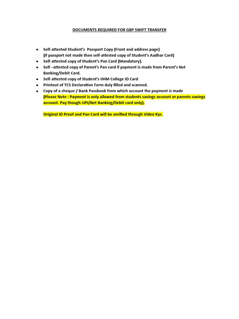 Documents Required For GBP Swift Transfer | PDF