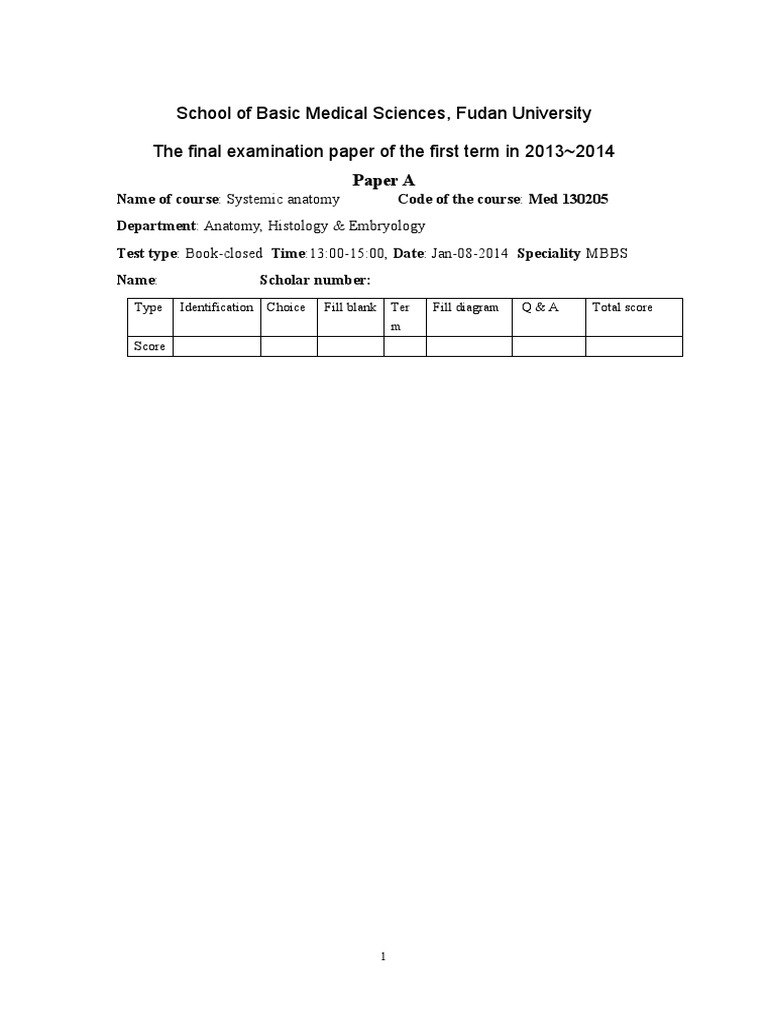 Systematic Anatomy Final Exam Practice 2014 | PDF | Spinal Cord | Heart ...