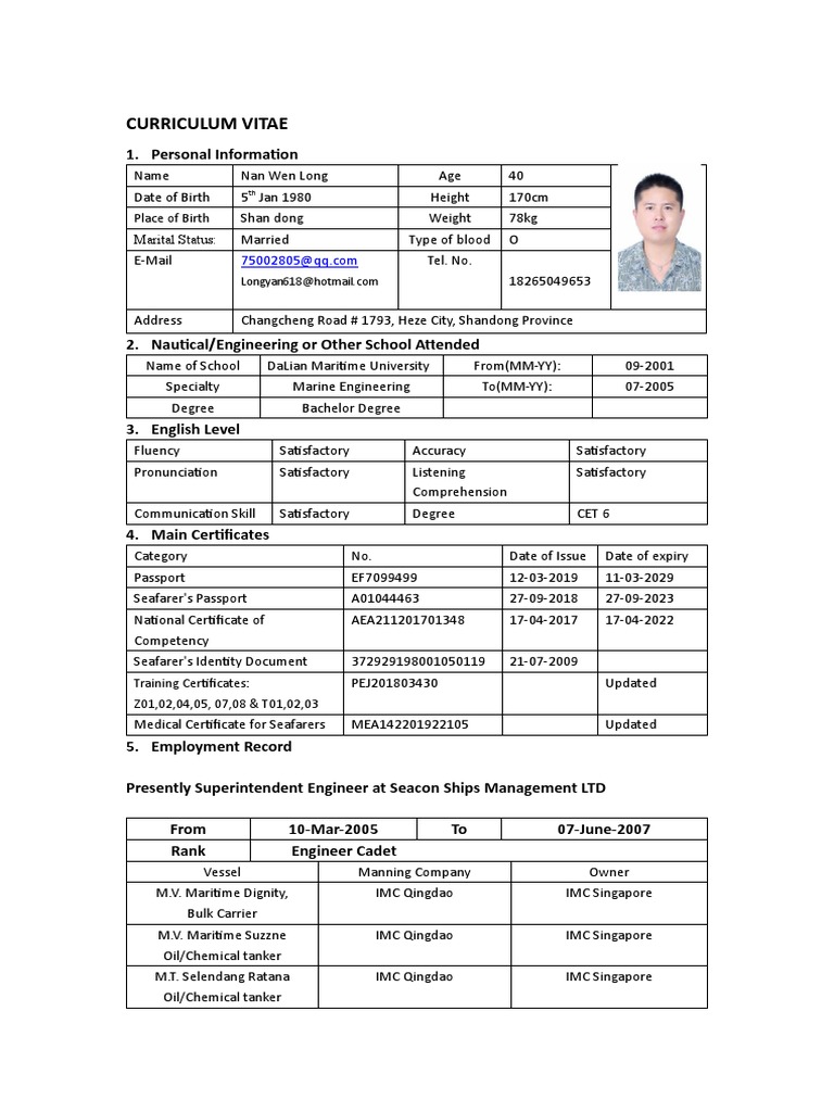 CV - Nan Wen Long | PDF | Ships | Oil Tanker