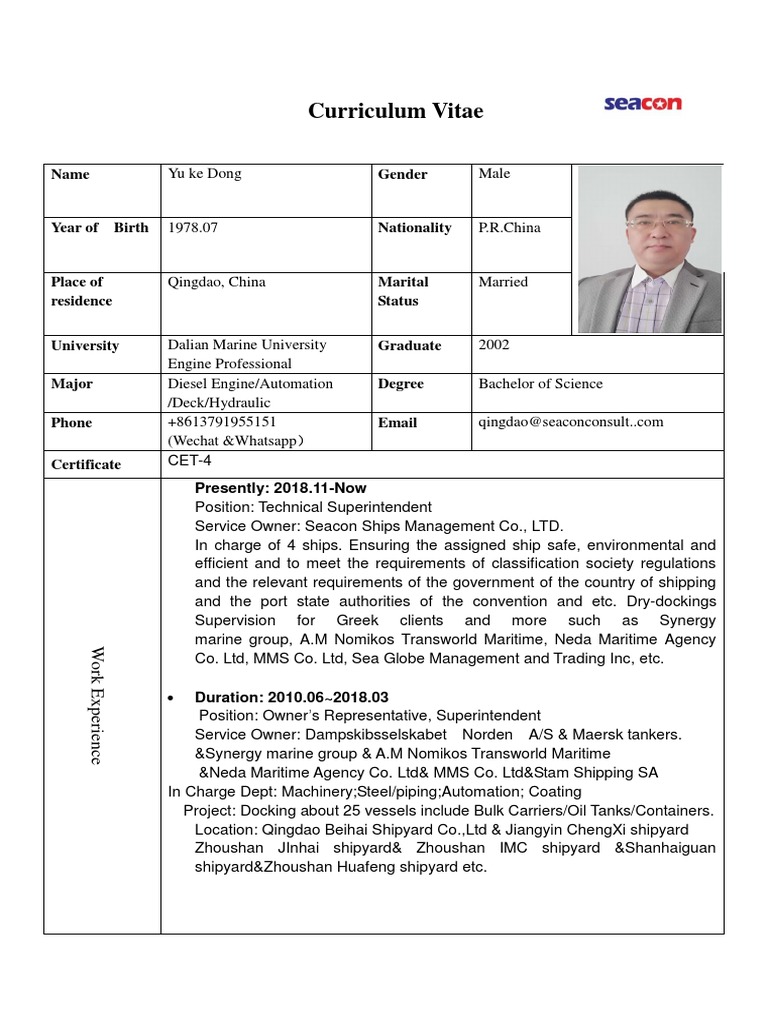 CV of MR Yu Ke Dong | PDF | Ships | Manufactured Goods