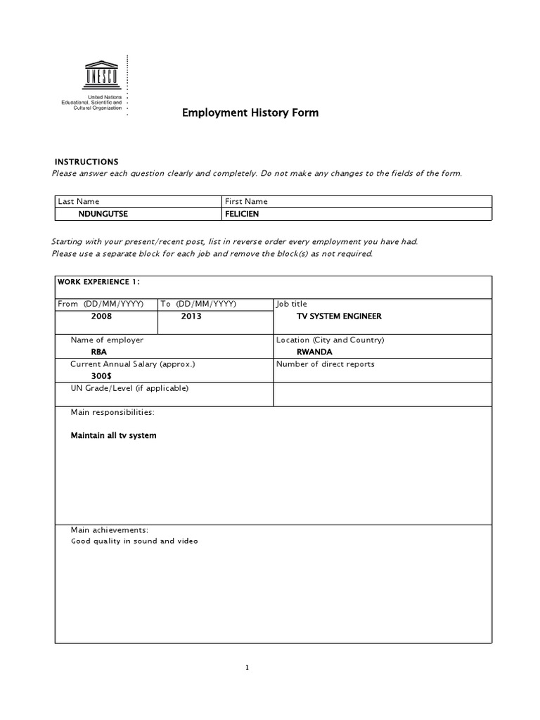 UNESCOEmploymentHistoryForm Updated Template Final | PDF