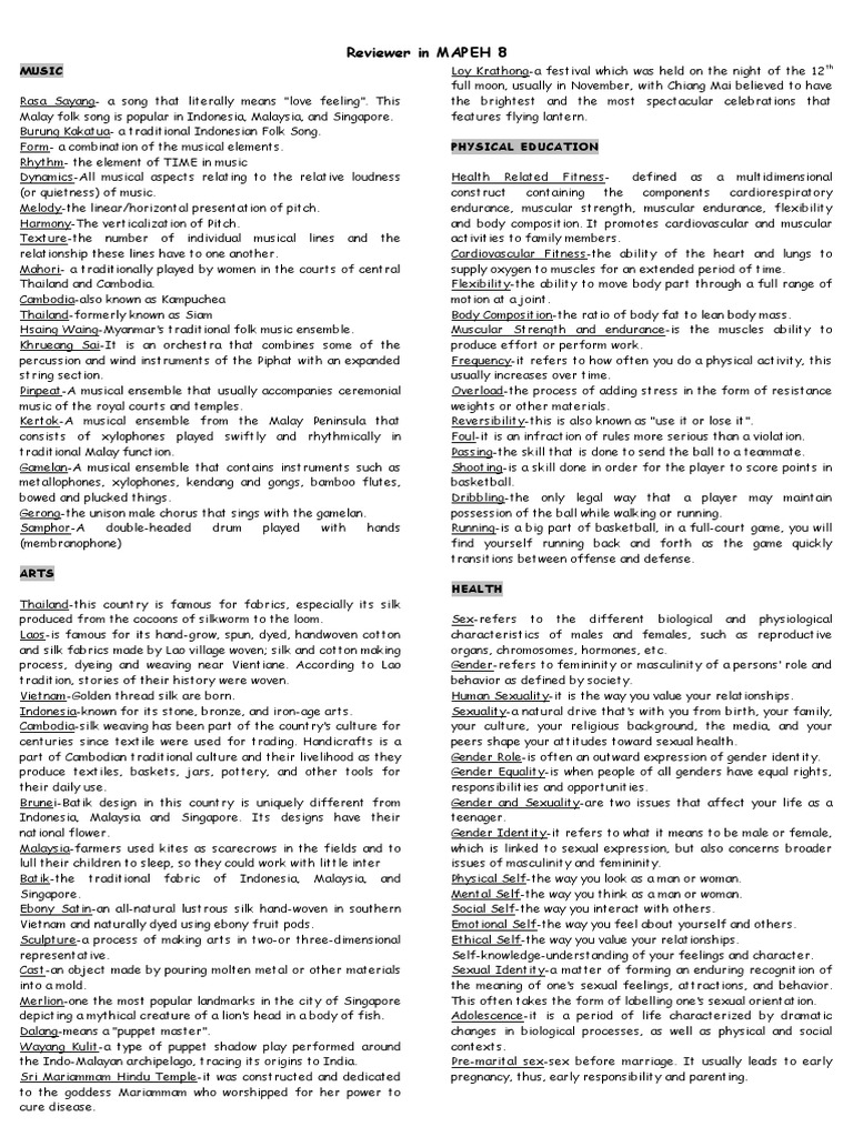 MAPEH 8 Reviewer: Music, Arts, PE, Health | PDF