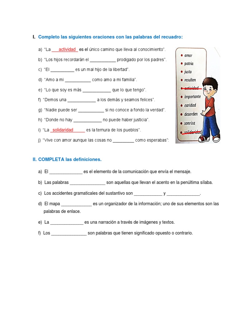Completo Las Siguientes Oraciones Con Las Palabras Del Recuadro | PDF