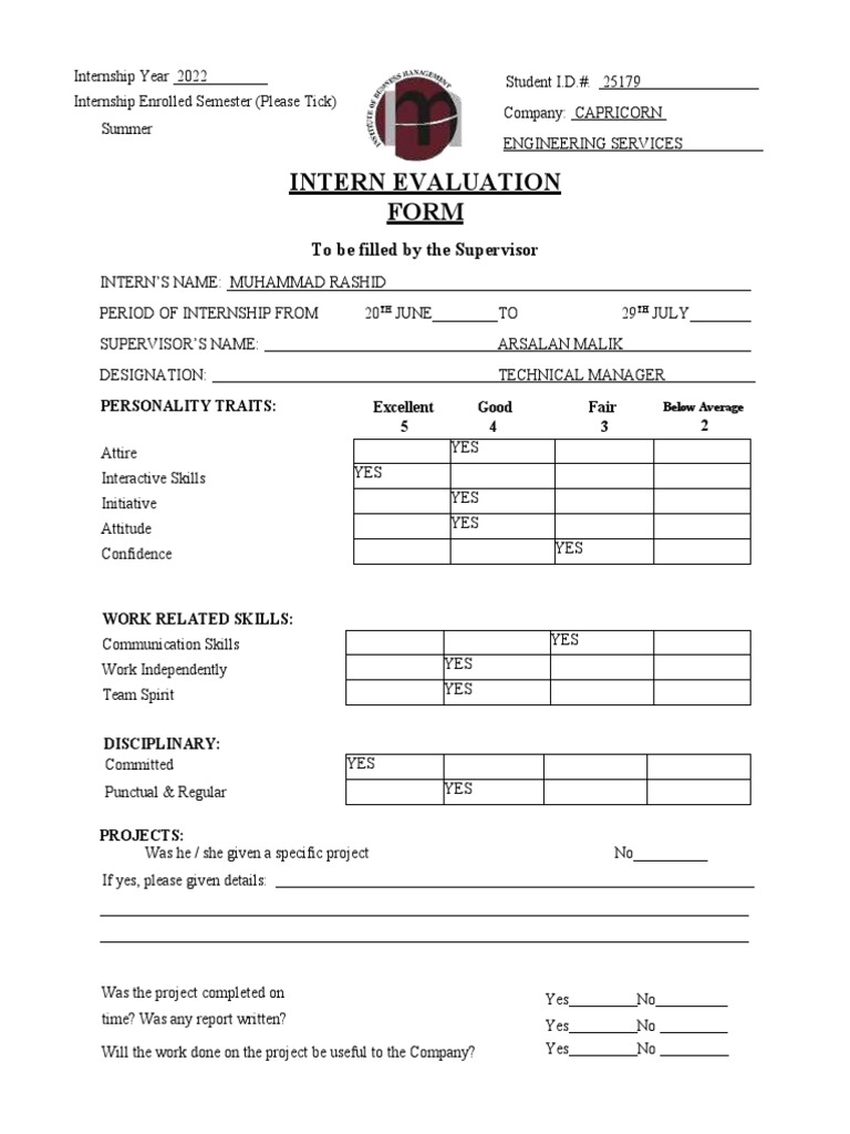 Internship Evaluation Form FILLED | PDF | Cognition | Behavior Modification