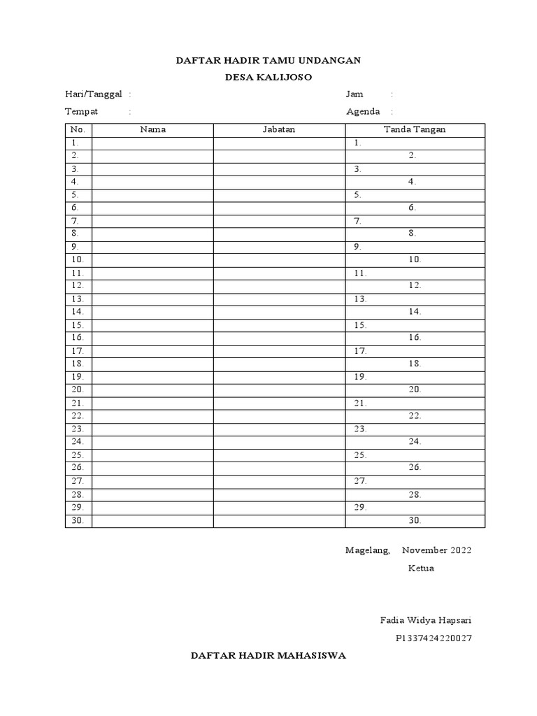 Form Daftar Hadir Tamu Undanga 3 | PDF