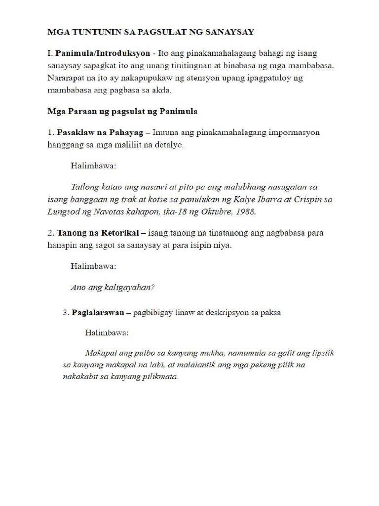 Tuntunin Sa Pagsulat NG Sanaysay | PDF Tuntunin Sa Pagsulat NG Sanaysay | PDF