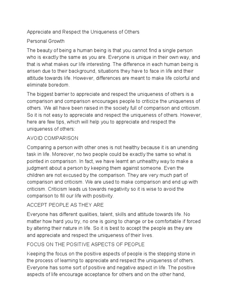 Appreciate and Respect The Uniqueness of Others | PDF | Psychology ...