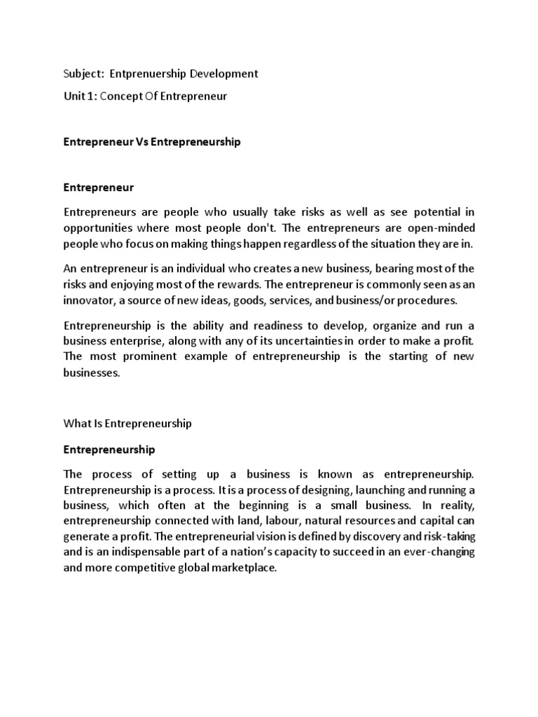 Unit 1 Entprenuership Development | PDF | Entrepreneurship | Economic ...
