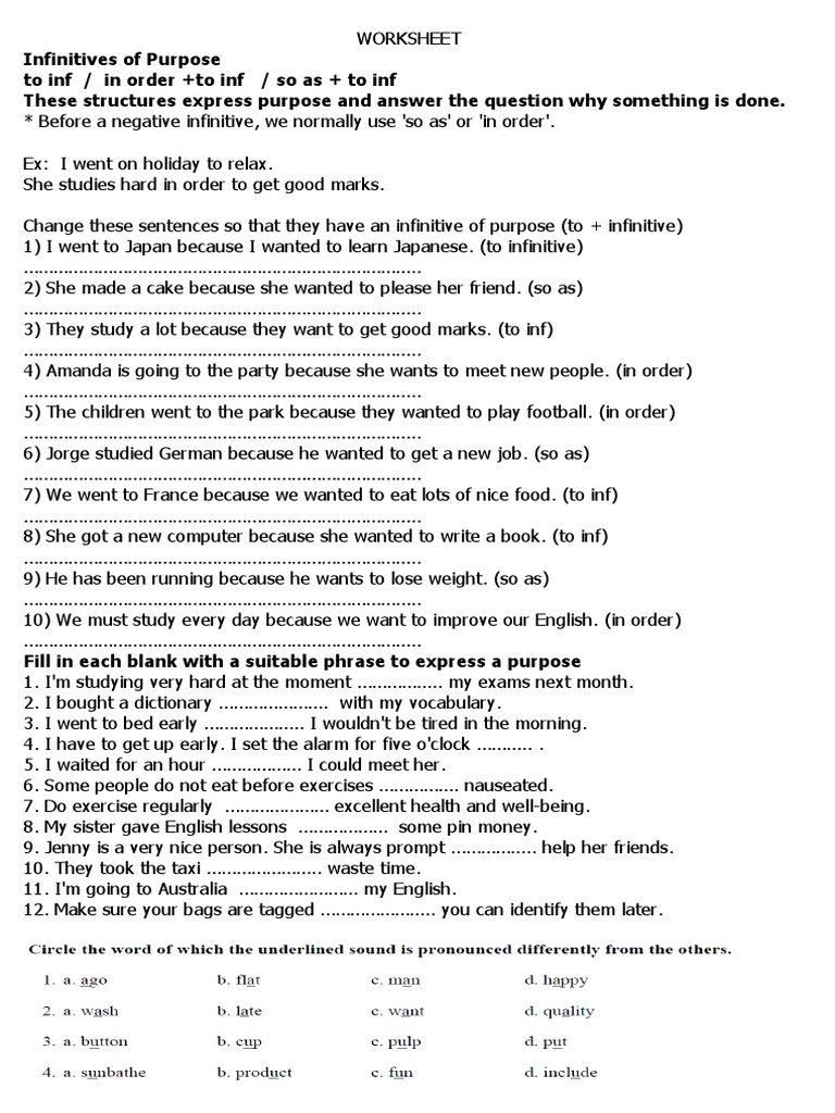 Infinitives of Purpose To Inf / in Order +to Inf / So As + To Inf These ...