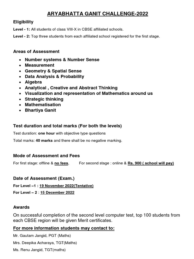 Aryabhata Ganit Challenge 2022 Details | PDF