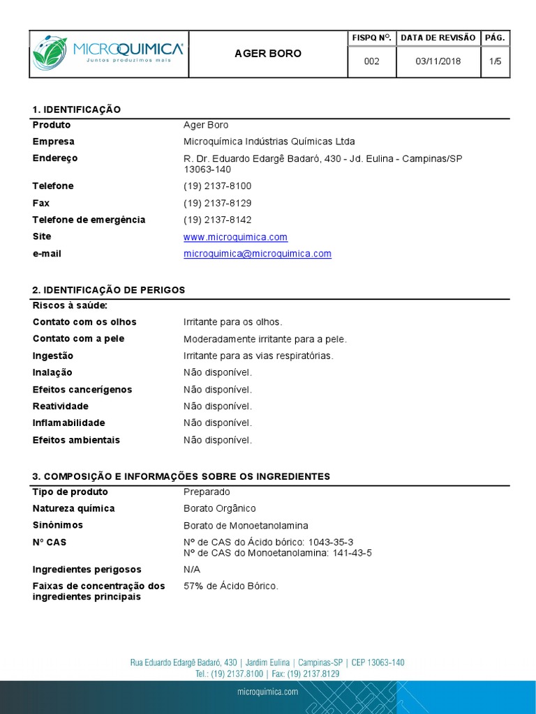 002 FISPQ Ager Boro | PDF | Boro | Desperdício