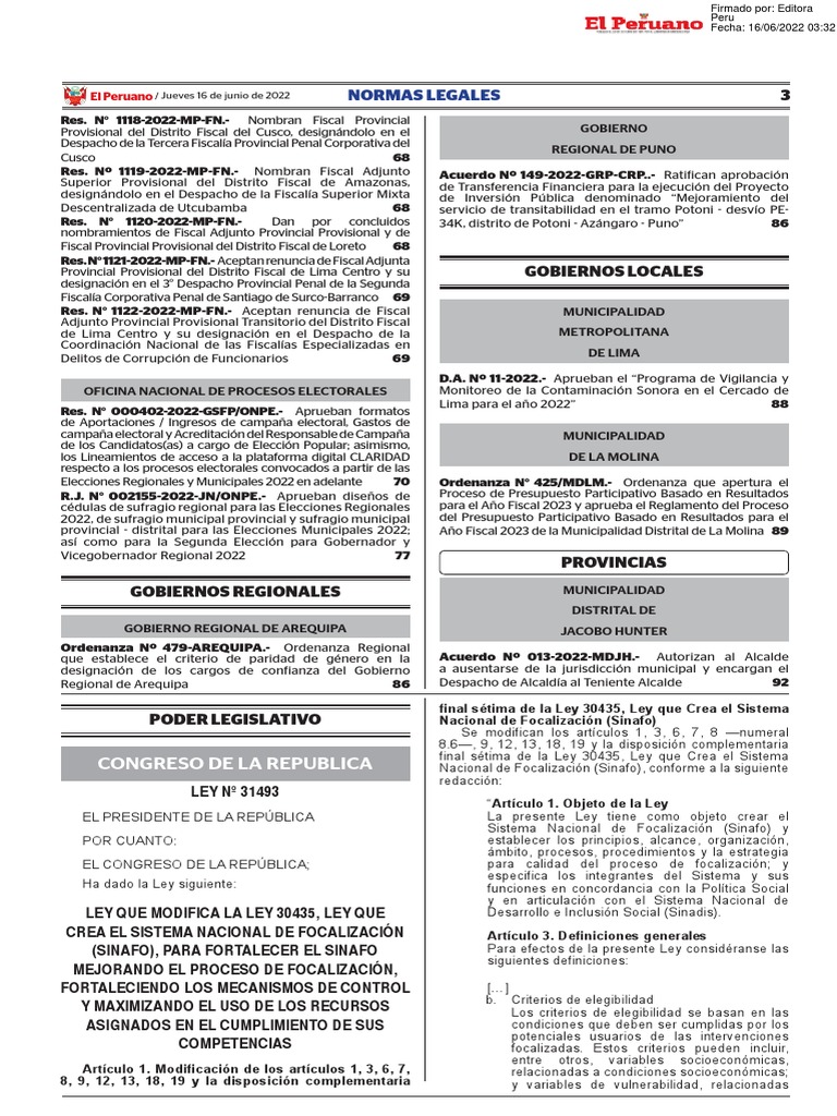 Ley #31493, Modifica Sinafo, Ley 30435 (16.06.2022) | PDF | Privacidad de la información ...