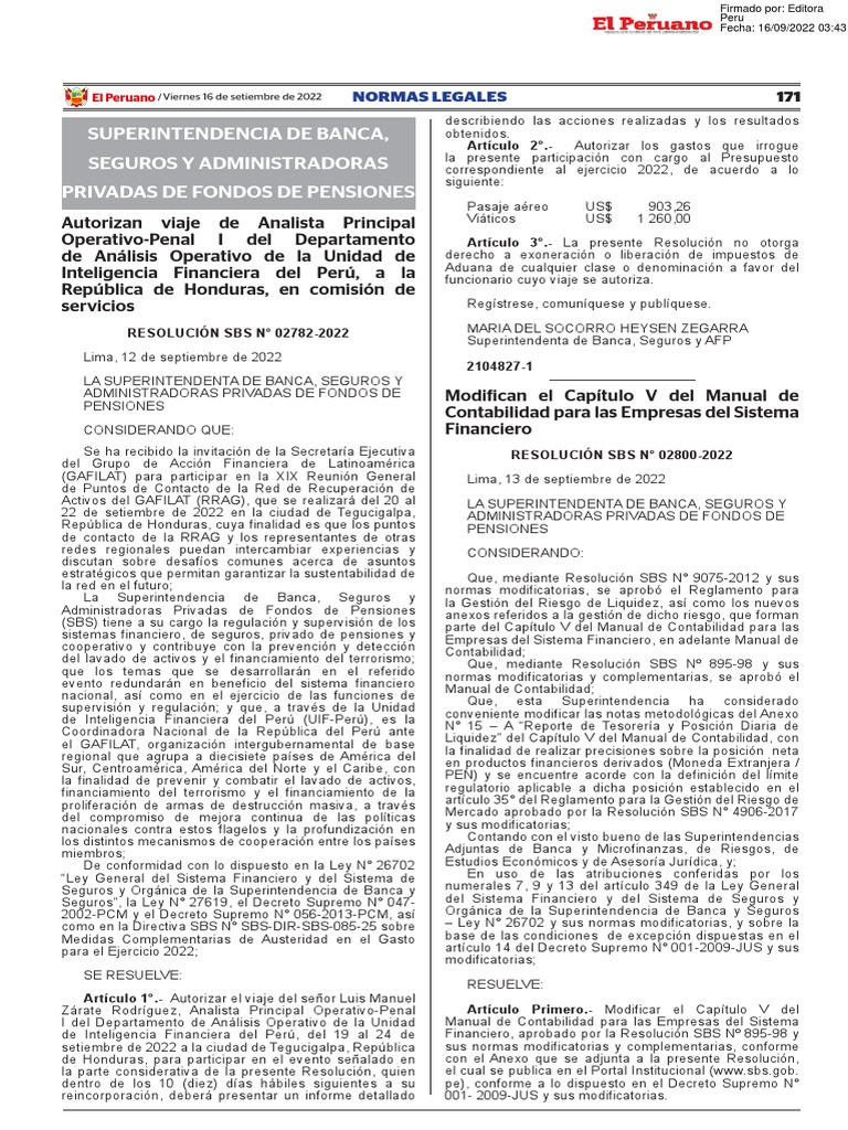 Resolucion SBS #02800 - 2022, Modif. Cap. V Manul Contab. Esf (16.09. ...