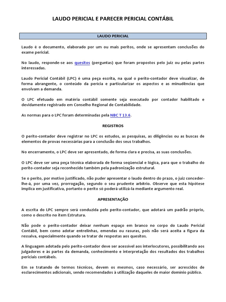 LAUDO PERICIAL E PARECER PERICIAL CONTÁBIL | PDF | Contabilidade