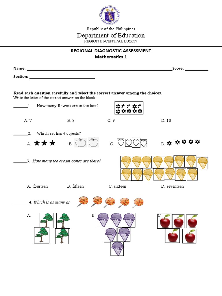 Grade 1 Mathematics Diagnostic Test | PDF